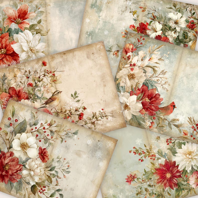 Vintage Christmas Paper Craft Supply Junk Journal Christmas Florals Red ...