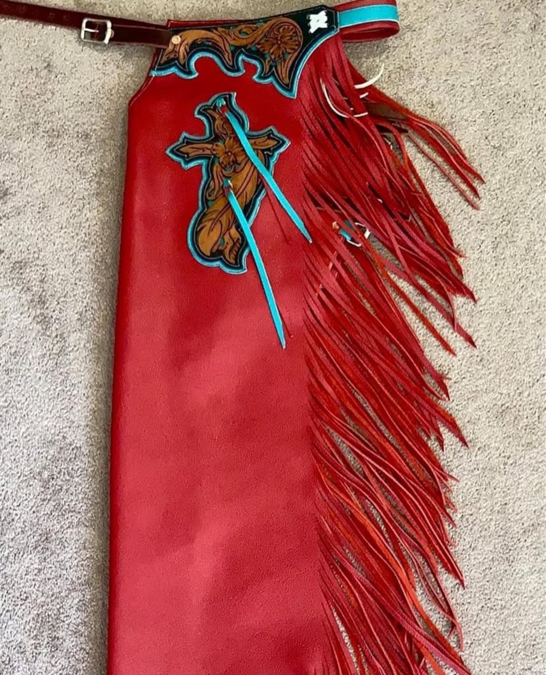 Red Leather Rodeo Chaps – Hand-tooled Western Cowboy Chaps With Fringe ...