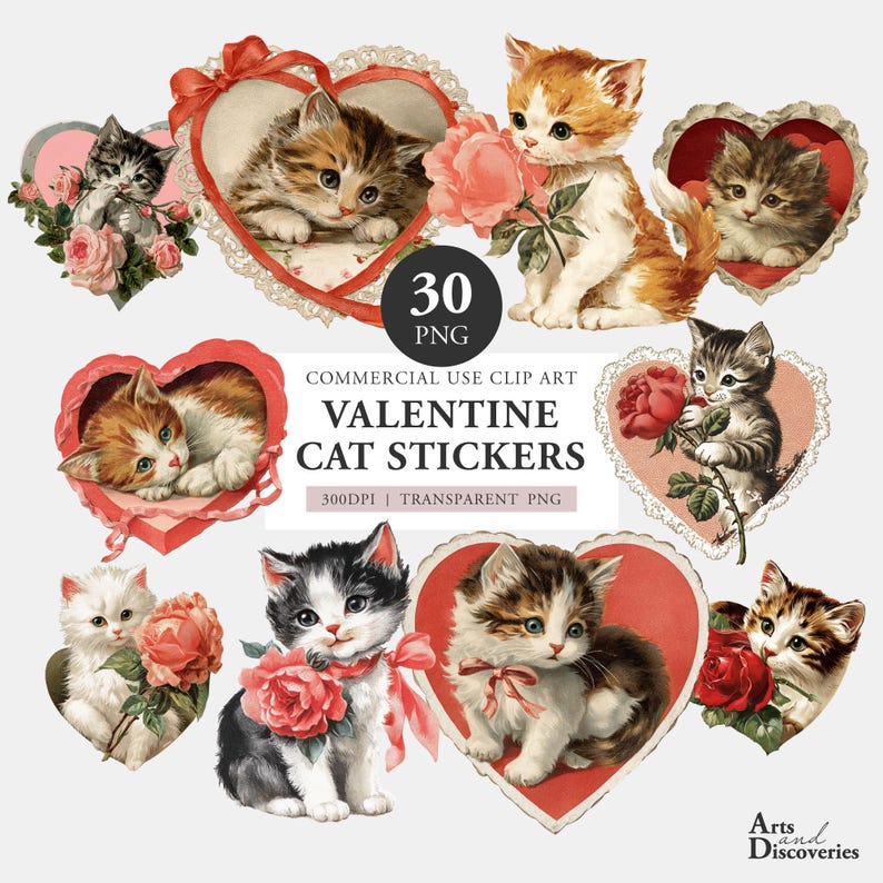 Cute Valentine Cat Clipart, Watercolor PNG, Vintage Heart Flames ...