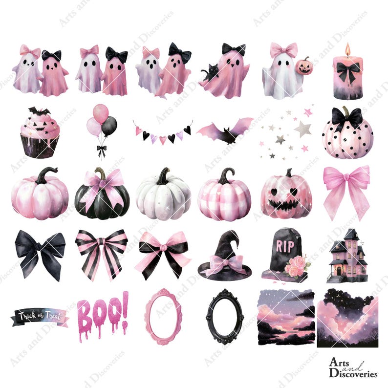 Pink & Black Halloween Clipart, Pastel Halloween, Cute Spooky Coquette ...