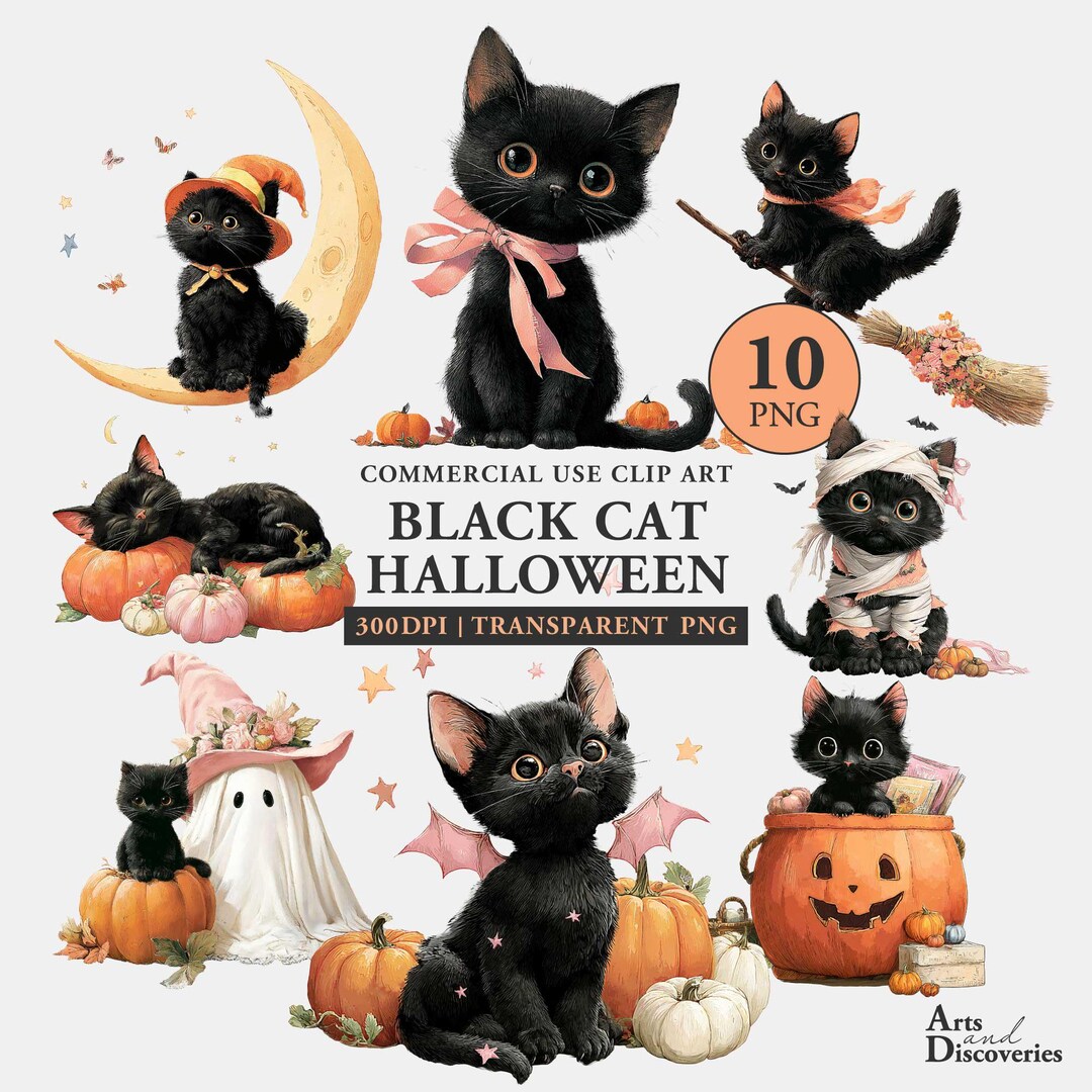 Black Cat Halloween Clipart, Pastel Watercolor PNG Set, Cute Spooky ...