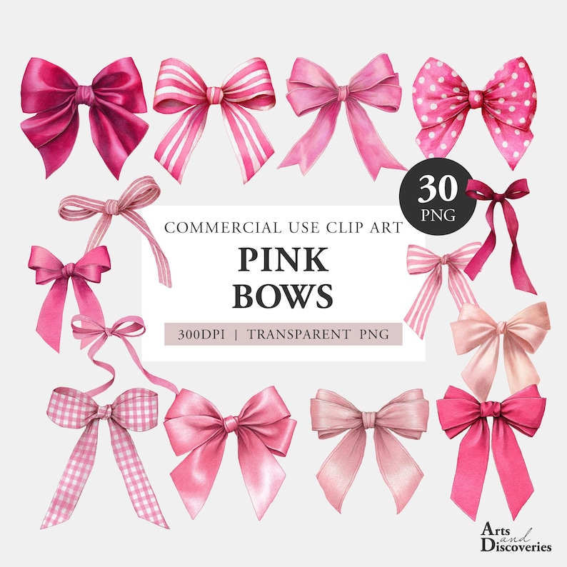Pink Bows Clipart, Coquette Ribbon PNG, Watercolor, Gingham, Stripes ...