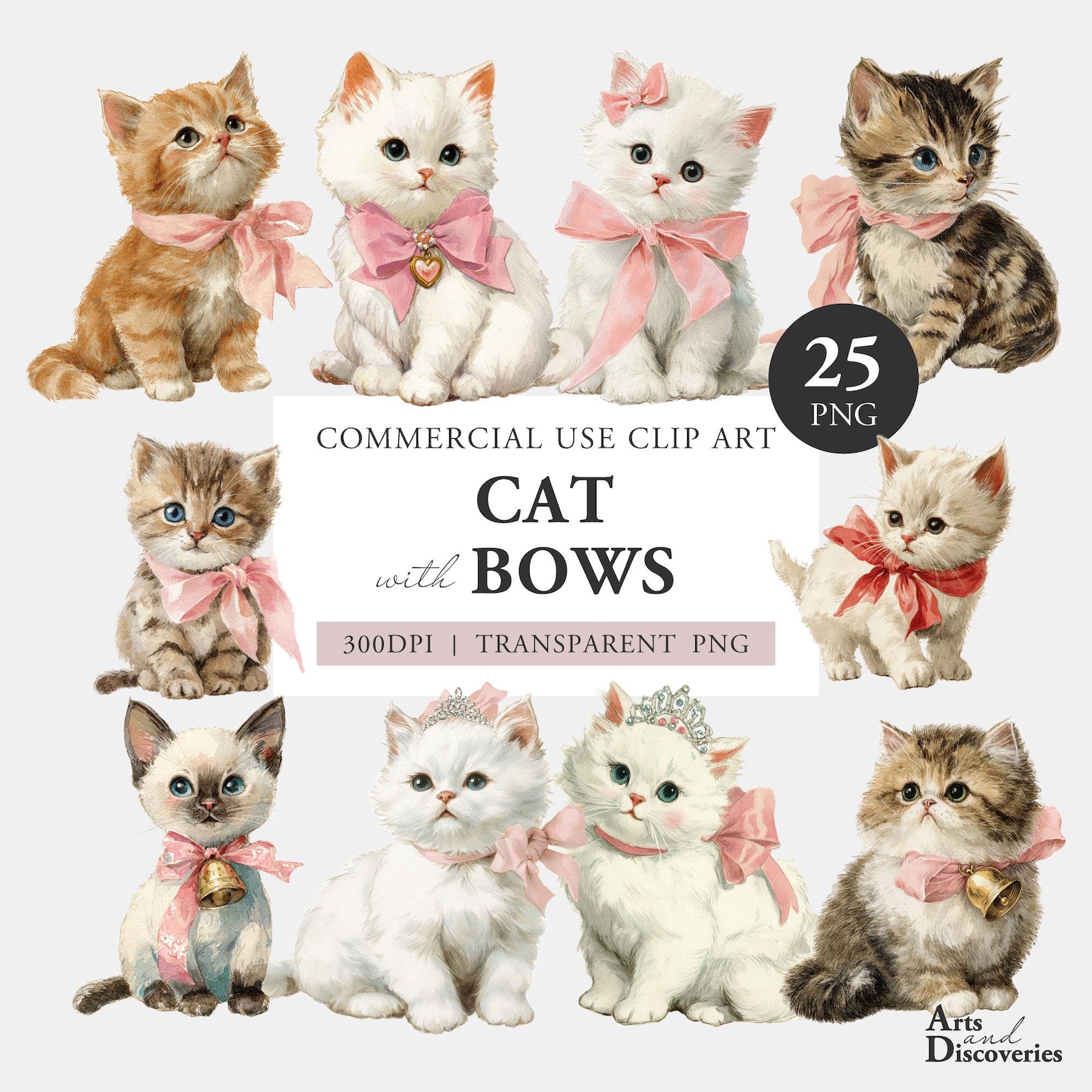 Cat With Bows Clipart, Watercolor Cat PNG, Coquette Kitten, Digital ...
