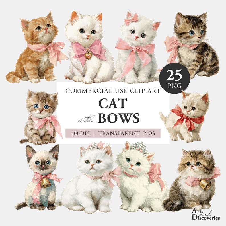 Cat with Bows Clipart, Watercolor Cat PNG, Coquette Kitten, Digital ...