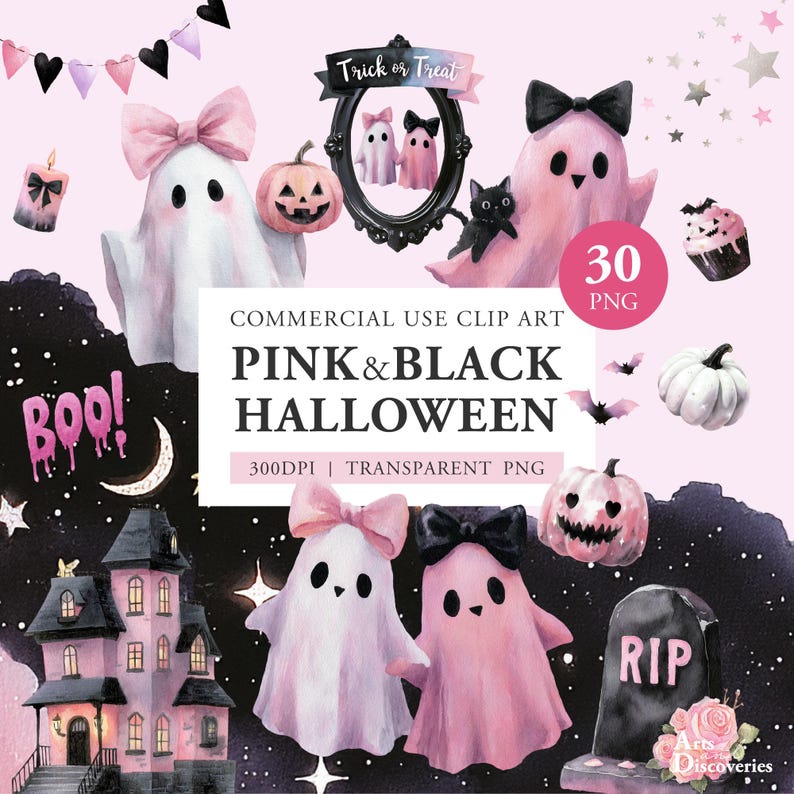Pink & Black Halloween Clipart, Pastel Halloween, Cute Spooky Coquette ...