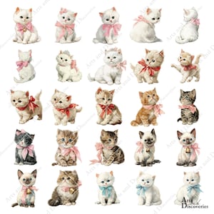 Cat with Bows Clipart, Watercolor Cat PNG, Coquette Kitten, Digital ...