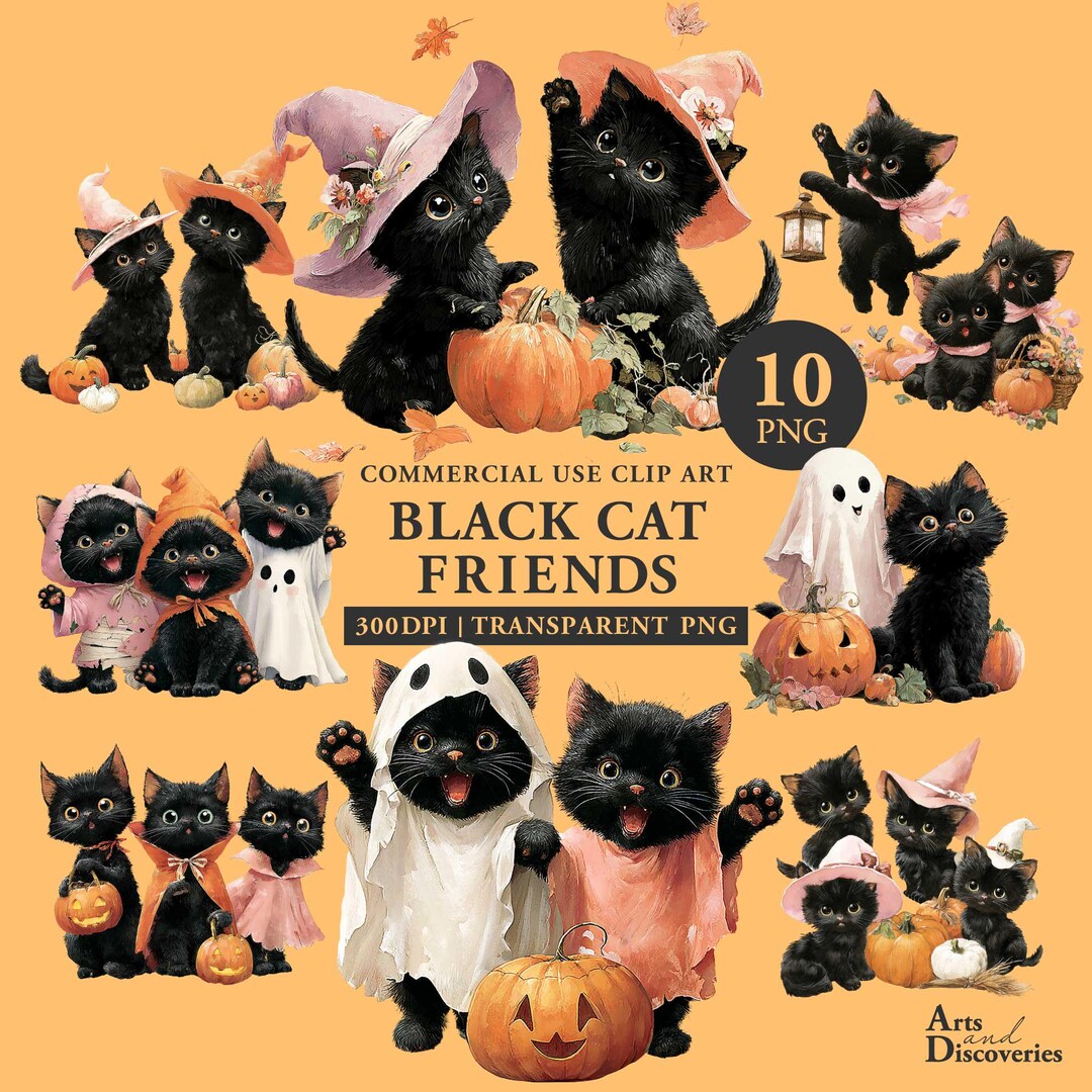 Black Cat Halloween Friends Clipart, Pastel Watercolor PNG Set, Cute ...