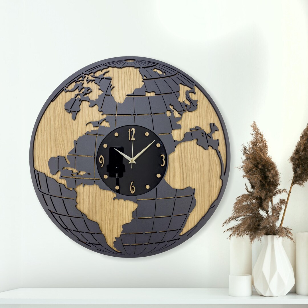 World Map Wooden Wall Clock – Earth Wall Clock, Travel Lover Gift ...