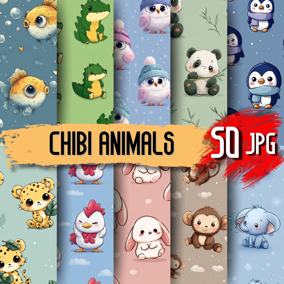 50 Kawaii Chibi Animal Patterns | Pastel Fabric Designs (digital ...