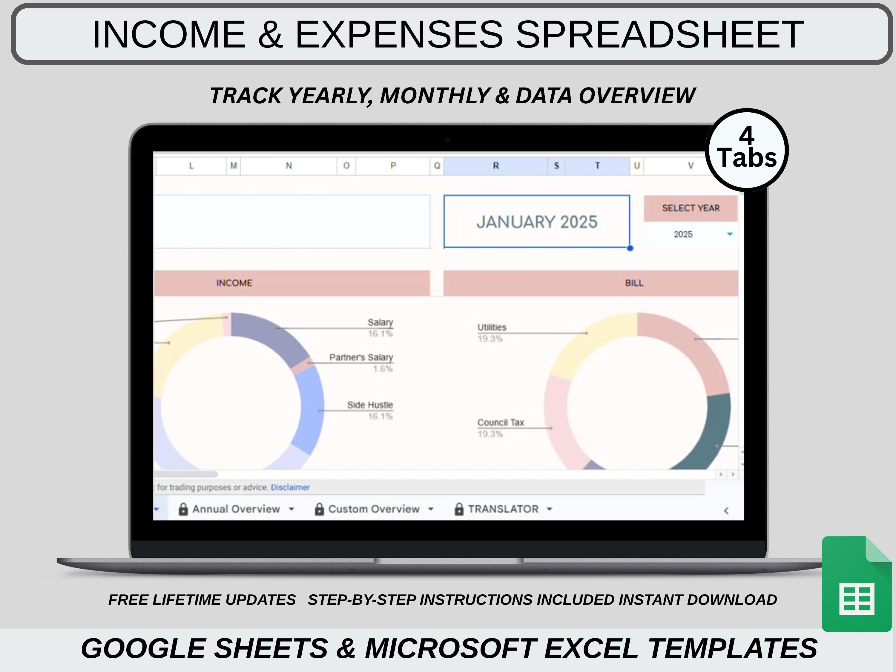 Income & Expense Tracker Spreadsheet | Excel and Google Sheets Budget ...