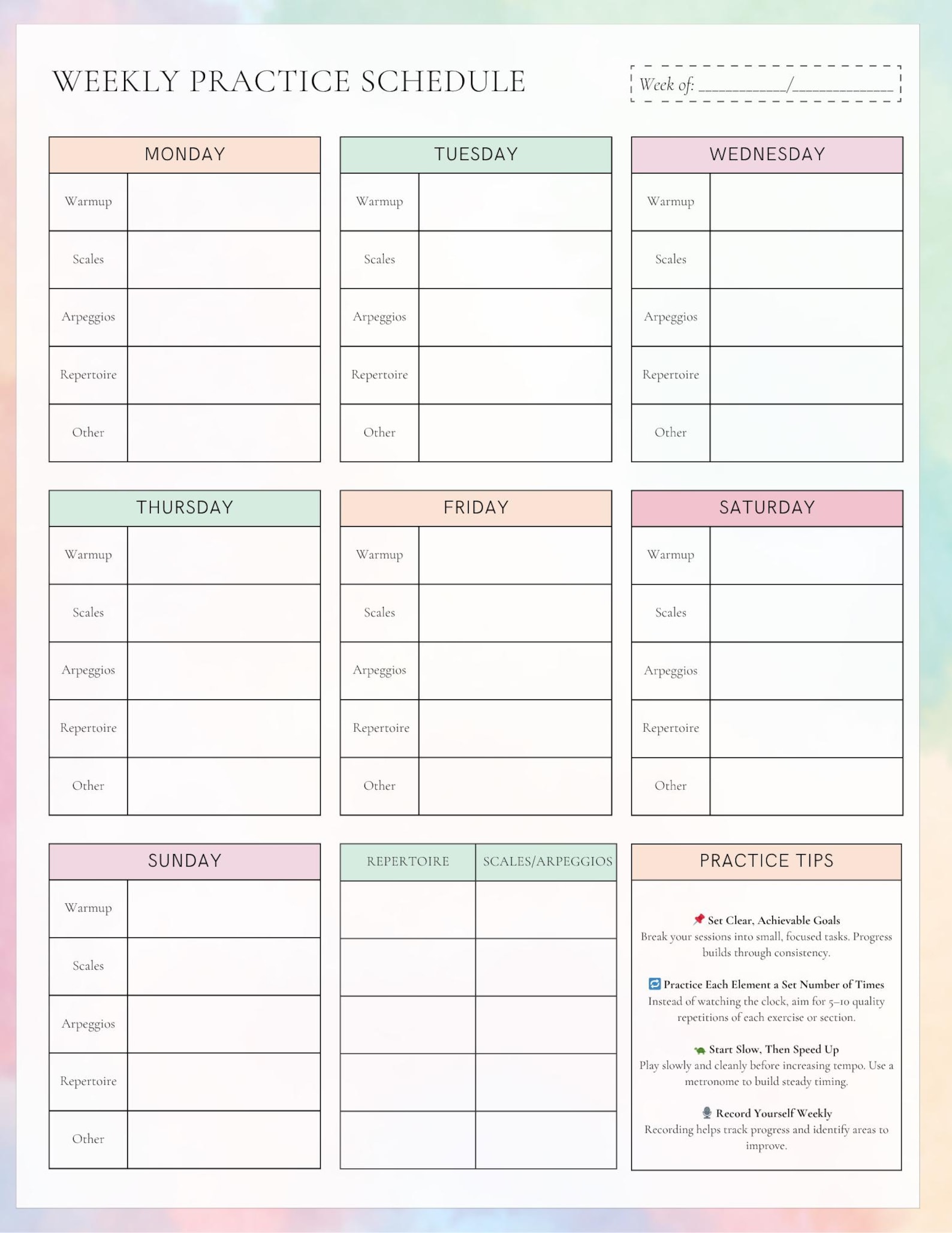 Music Practice Planner – Weekly Planner Template for Tracking Musical ...