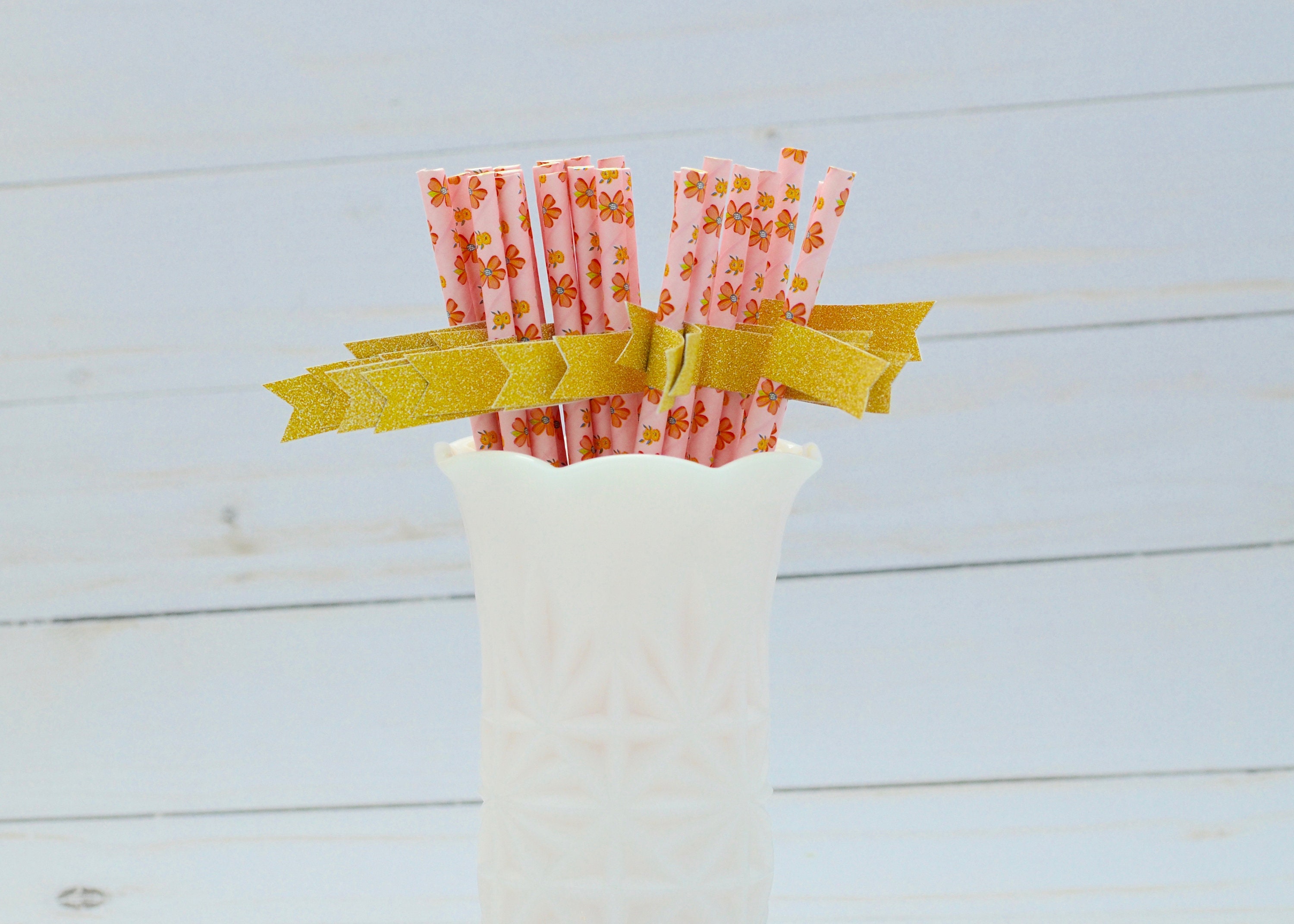 Pink With Peach Coral and Yellow Flowers Paper Straws With | Etsy
