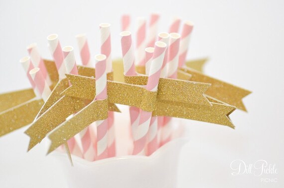 Pink & White Stripe Paper Straws with Gold Glitter Flags 24 | Etsy