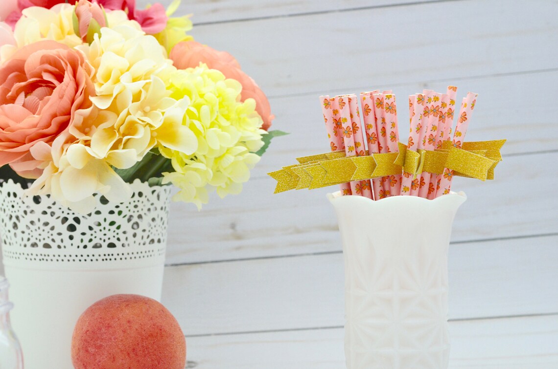 Pink With Peach Coral and Yellow Flowers Paper Straws With | Etsy