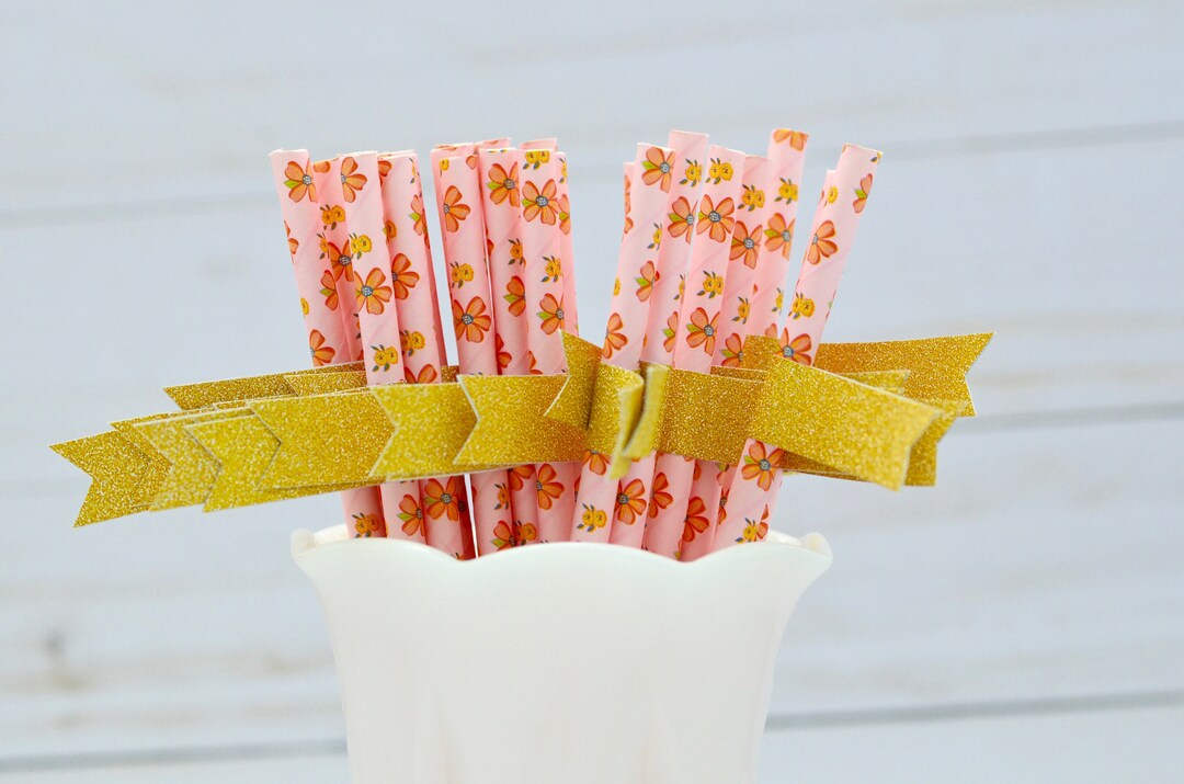 Pink With Peach Coral and Yellow Flowers Paper Straws With - Etsy