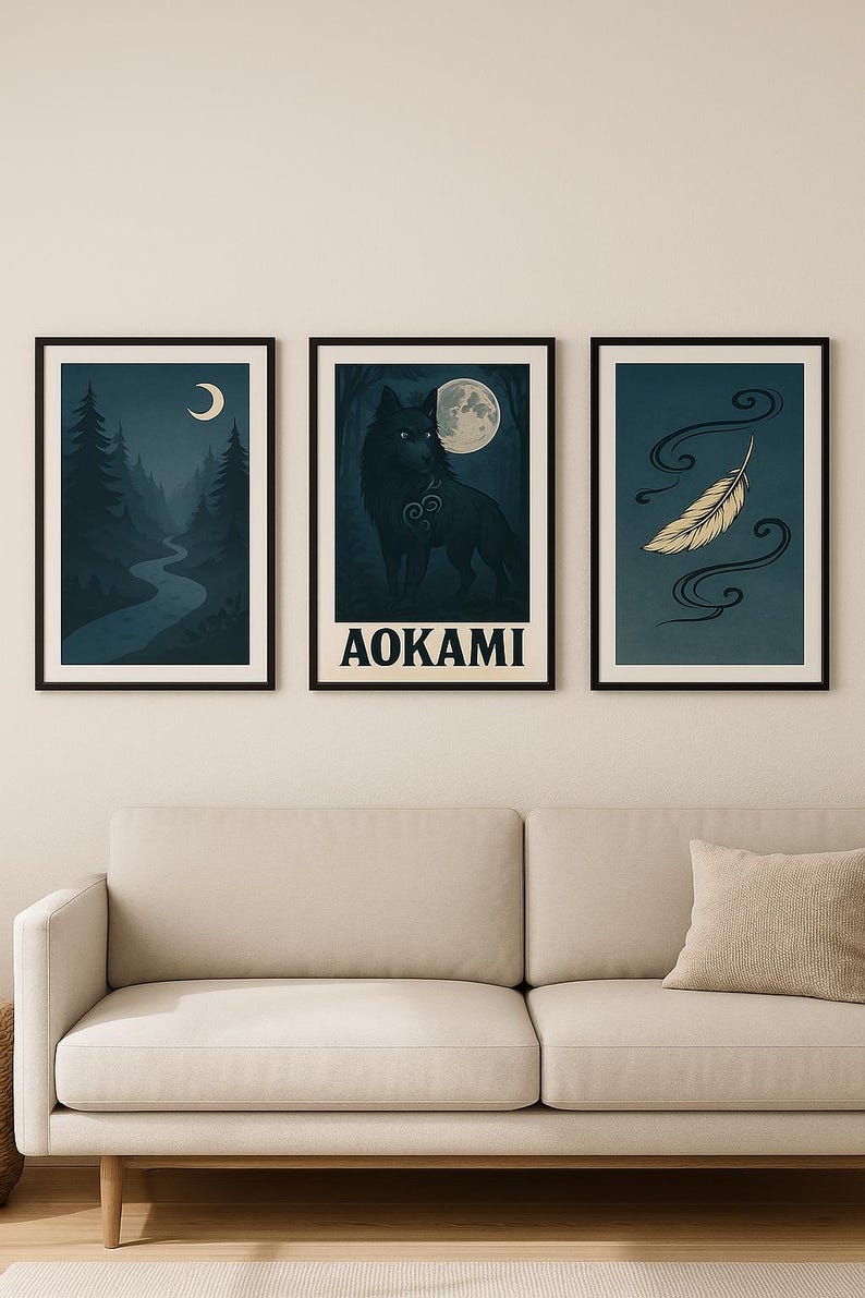 Aokami Spirit Wall Art Bundle – Japanese Wolf Yokai Poster Set of 3 ...