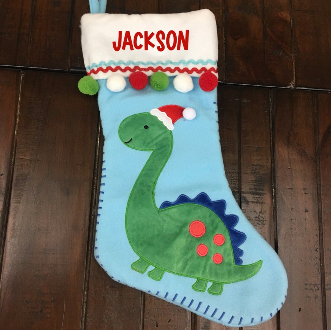 Personalized Dinosaur Christmas Stocking, Blue Background, Kids Holiday ...