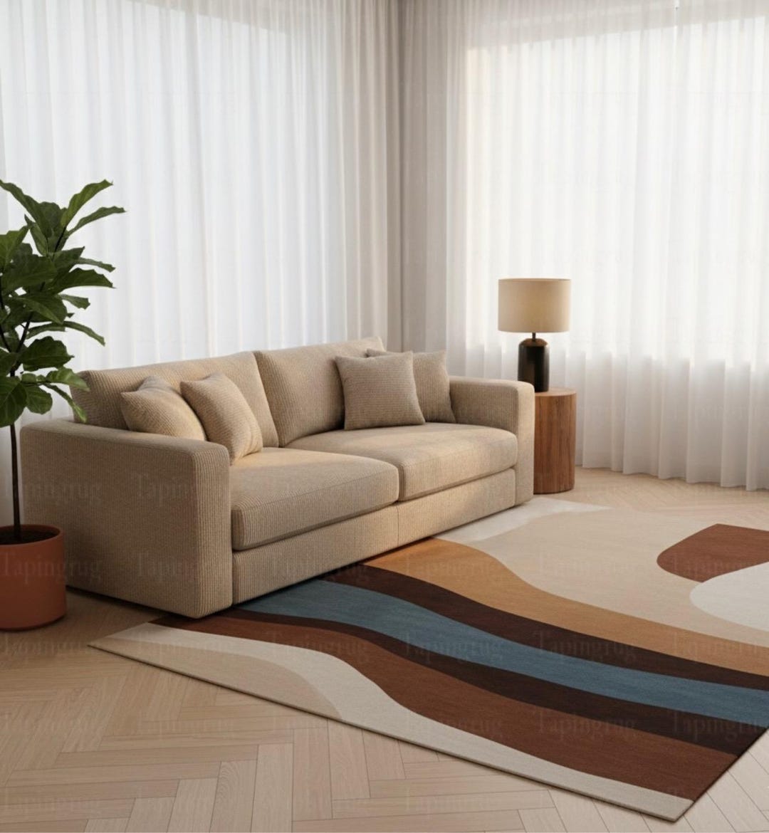 Modern Abstract Area Rug – Earth Tone Curved Pattern Carpet With Blue ...