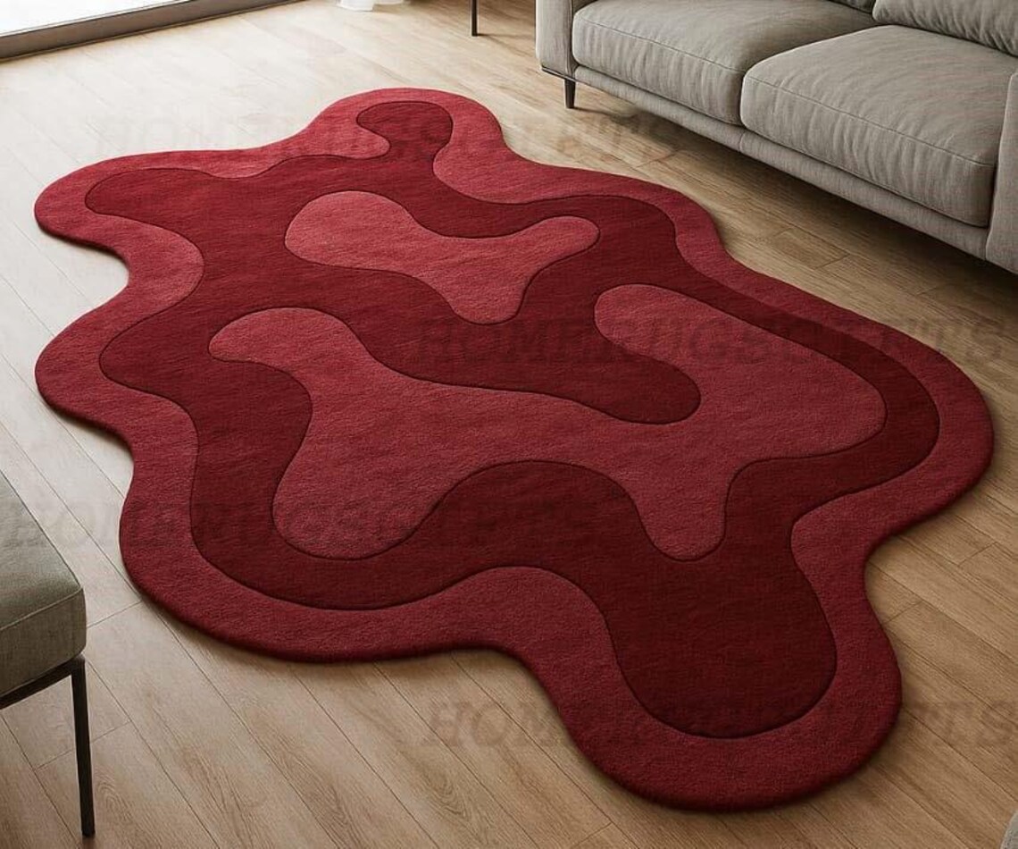 Handmade Abstract Red Rug Modern Irregular Shape Wool Carpet for Living ...
