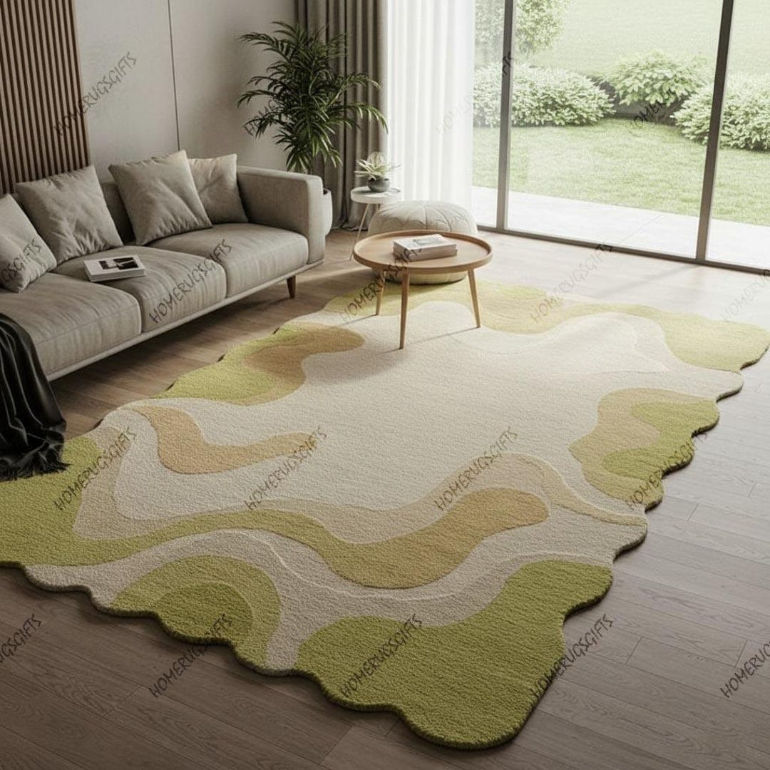 Modern Wavy Abstract Rug | Handmade Curvy Pattern Carpet | Beige Green ...