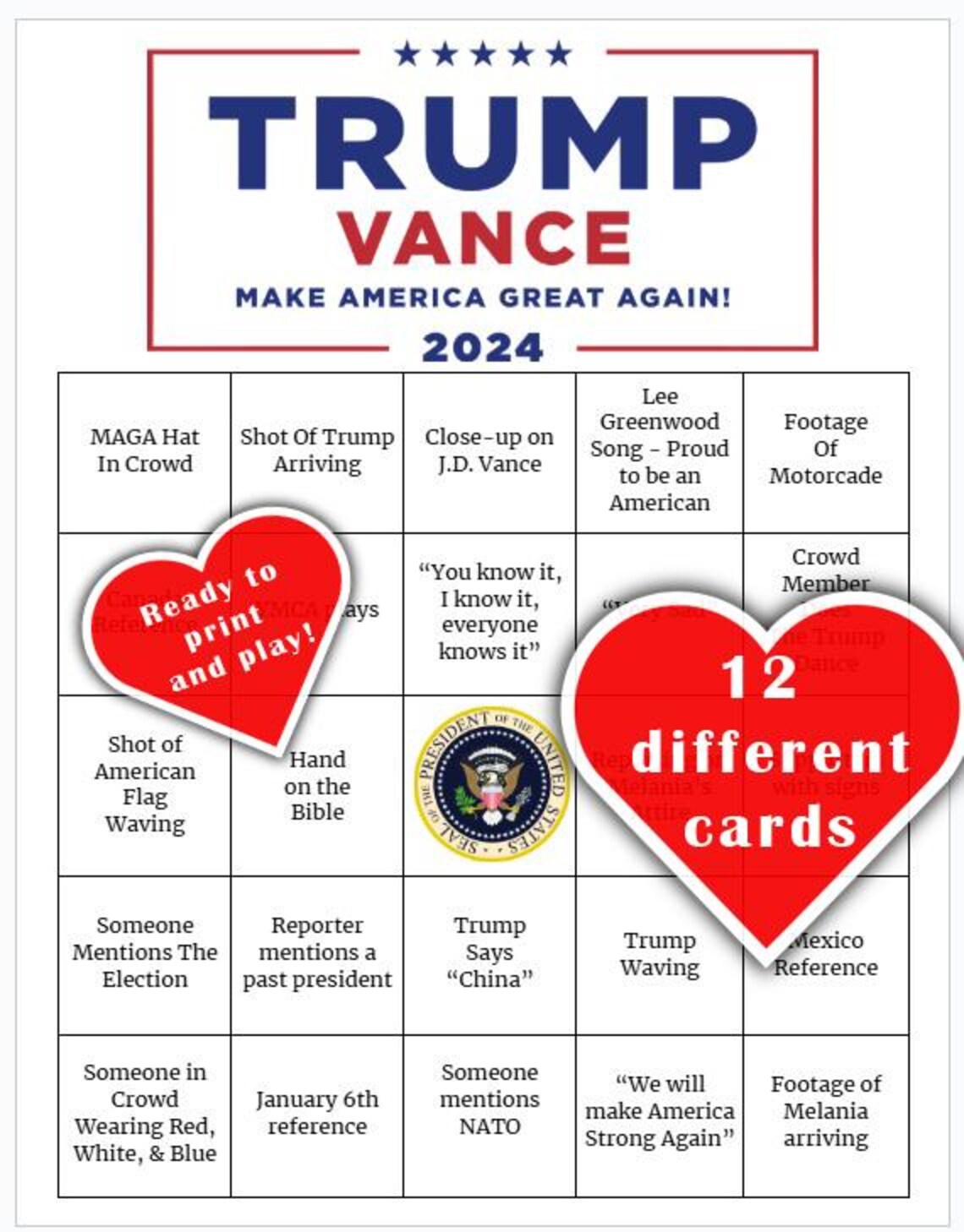 2025 President Trump Inauguration Bingo Card - 12 Cards - Watch Party ...
