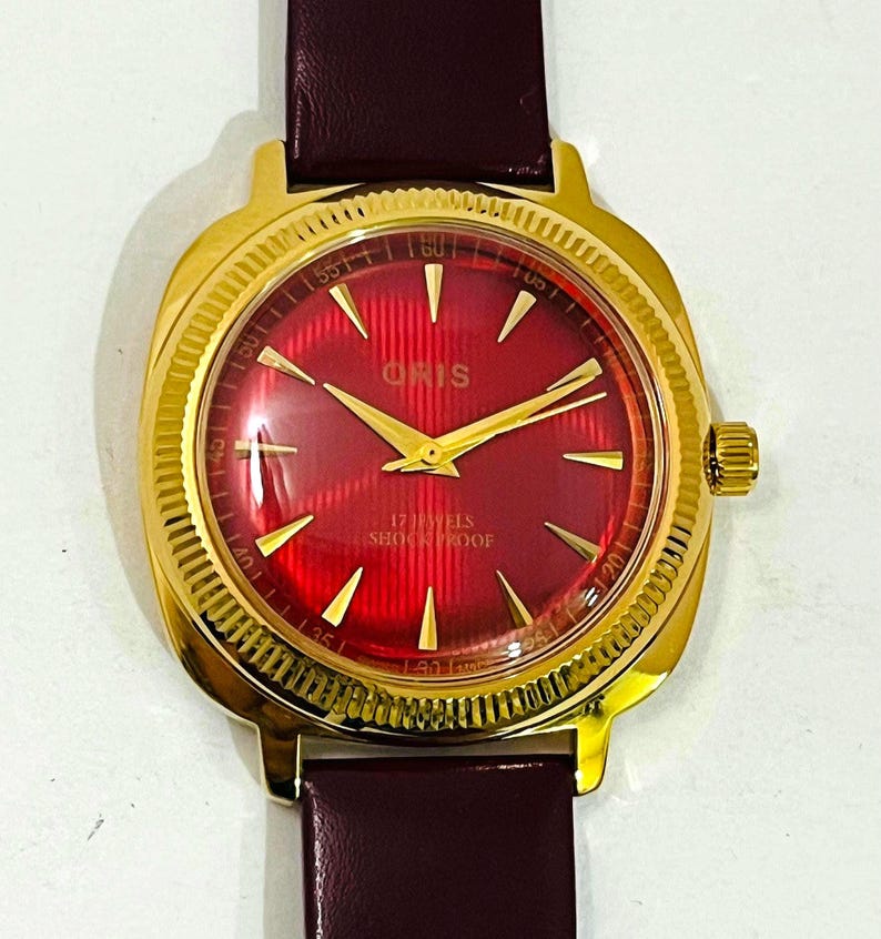 Vintage Oris Hand-winding Watch: Red Dial, Tonneau Case, Swiss Made ...