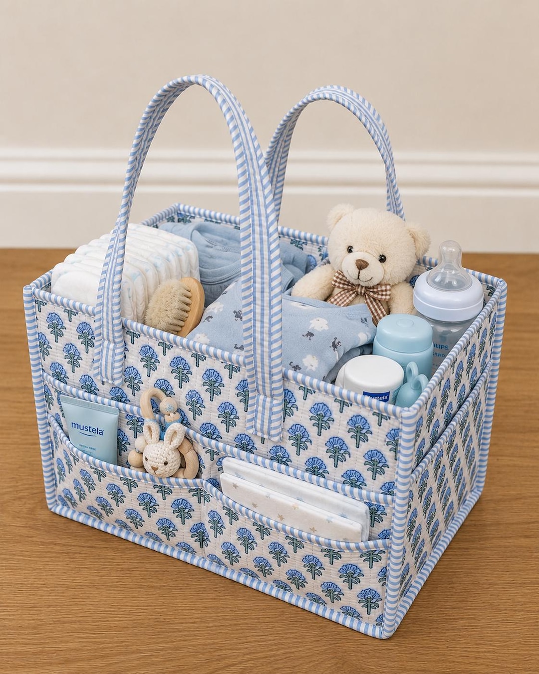 Blue Floral Quilted Cotton Nappy Caddy, Baby Diaper Organizer Basket ...