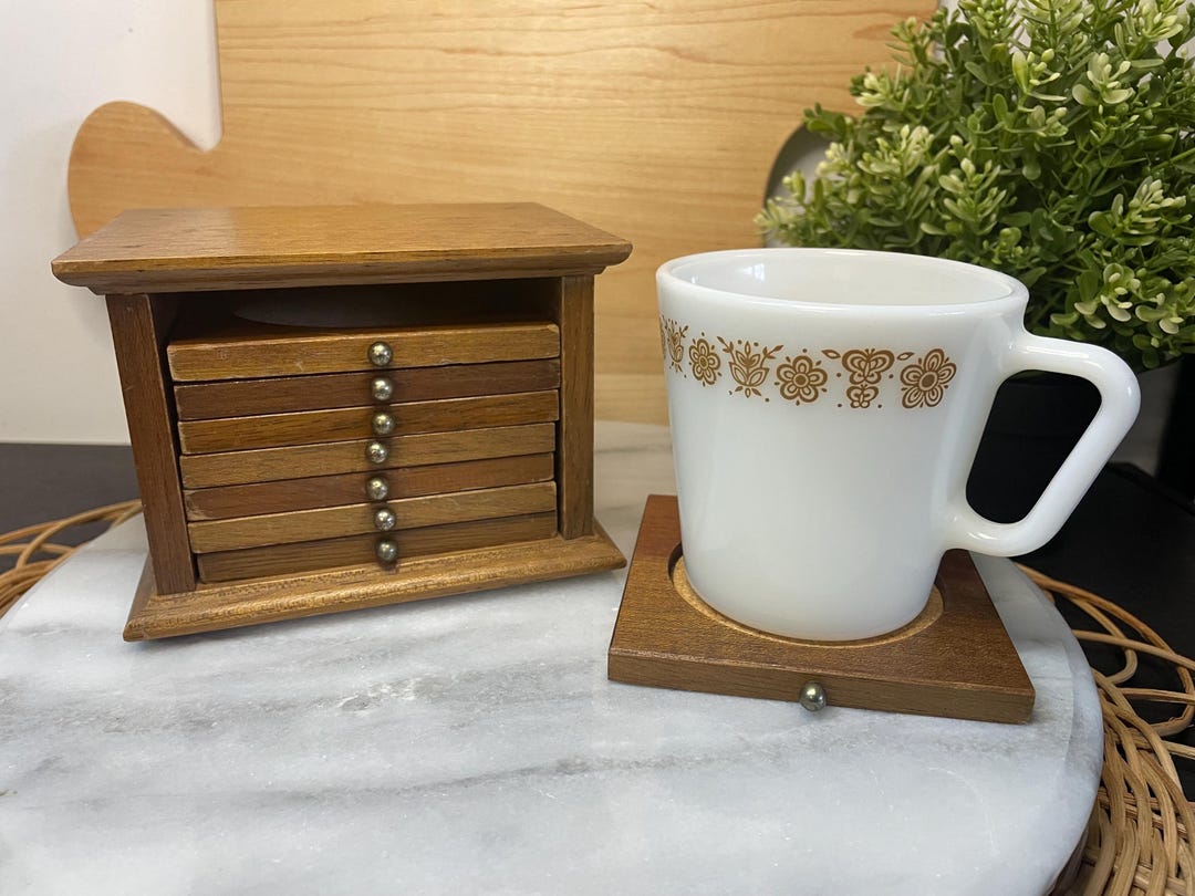Vintage Wooden Coaster Set With Cork Inserts Rustic Bar Cart Decor Mid ...
