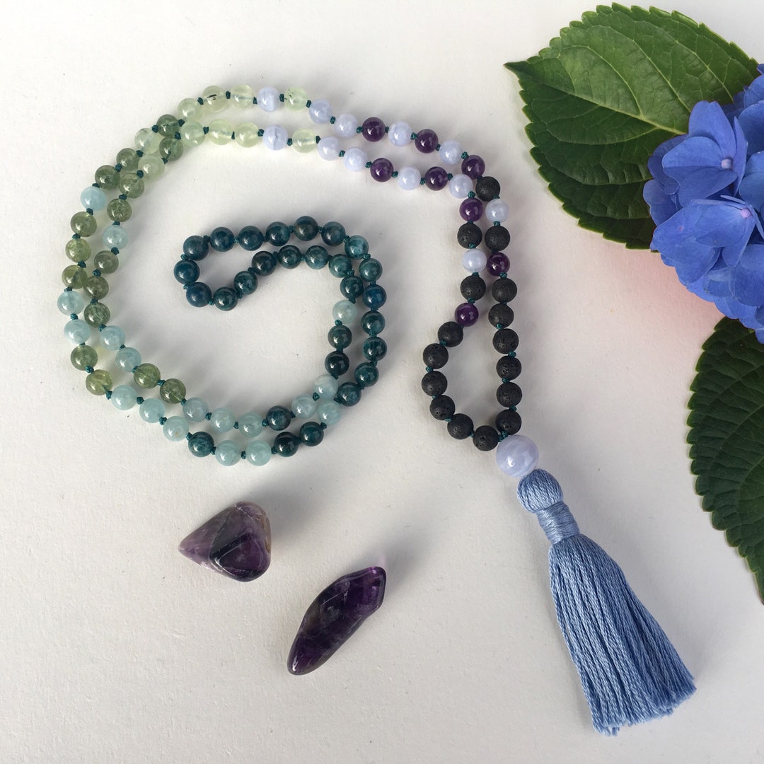 Azorean Paradise 108 Mala Apatite, Blue Lace Agate, and Lava Stone ...