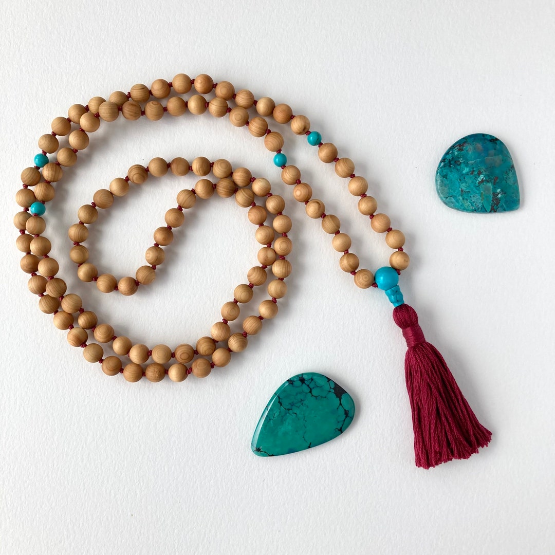 Turquoise and Scented Wood Zen Mala Tassel Necklace - Etsy