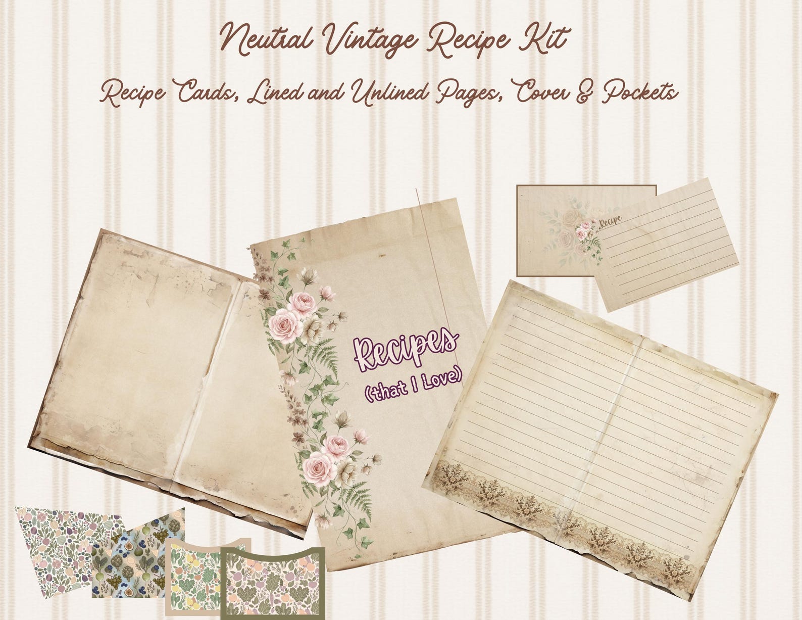 Neutral Vintage Recipe Printable Kit | Mocha Floral Recipe Cards, Lined ...