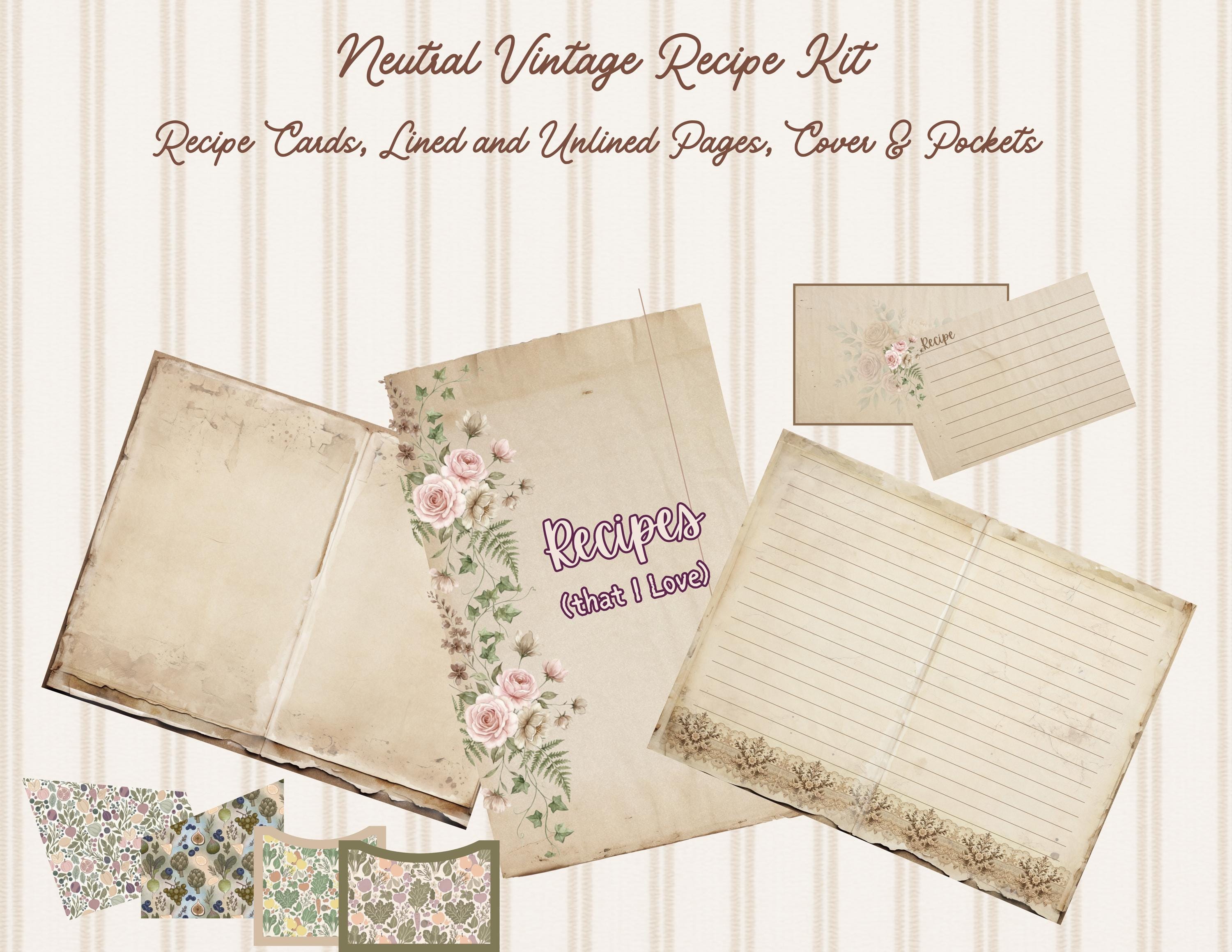 Neutral Vintage Recipe Printable Kit | Mocha Floral Recipe Cards, Lined ...