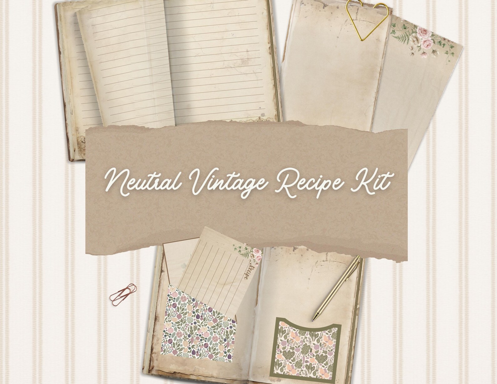 Neutral Vintage Recipe Printable Kit | Mocha Floral Recipe Cards, Lined ...