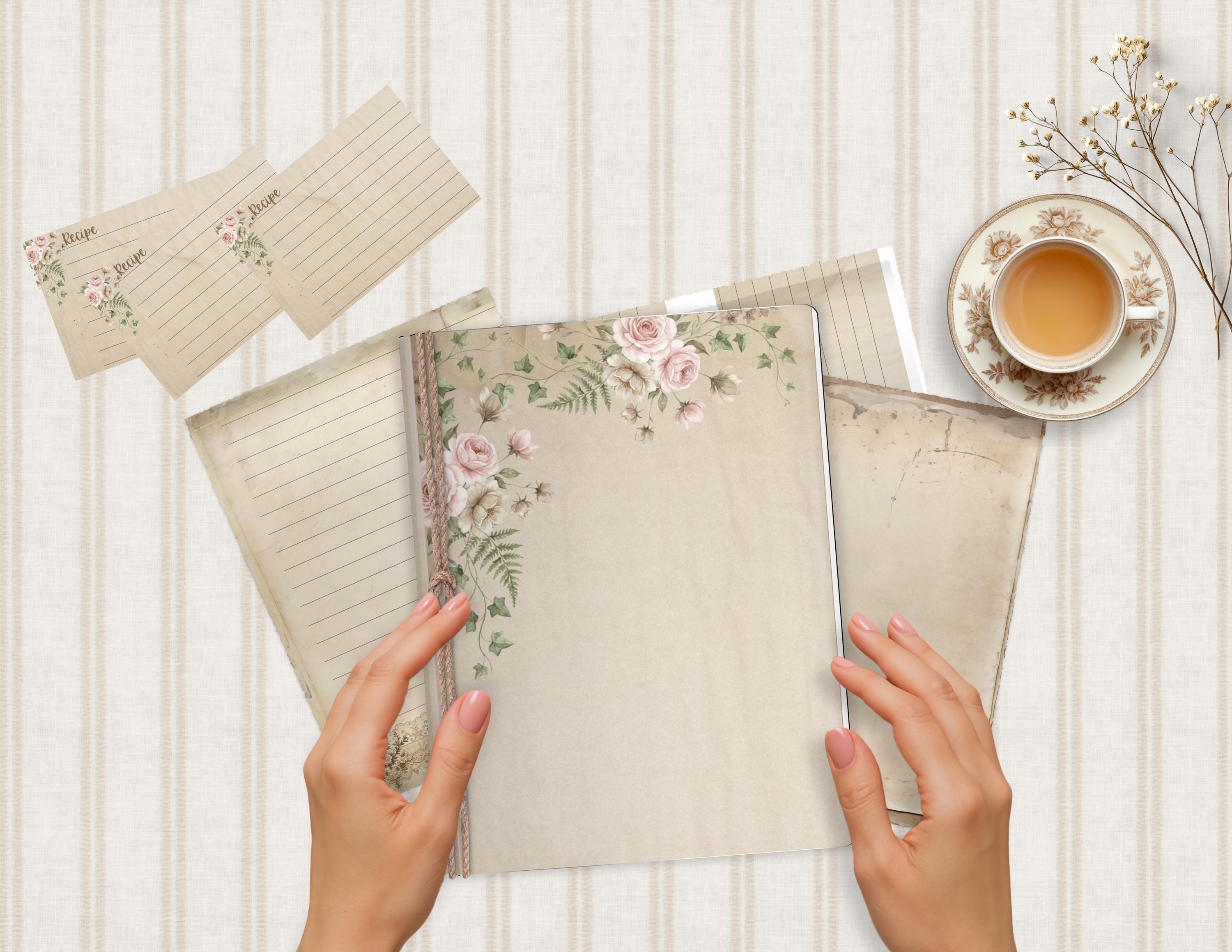 Neutral Vintage Recipe Printable Kit | Mocha Floral Recipe Cards, Lined ...