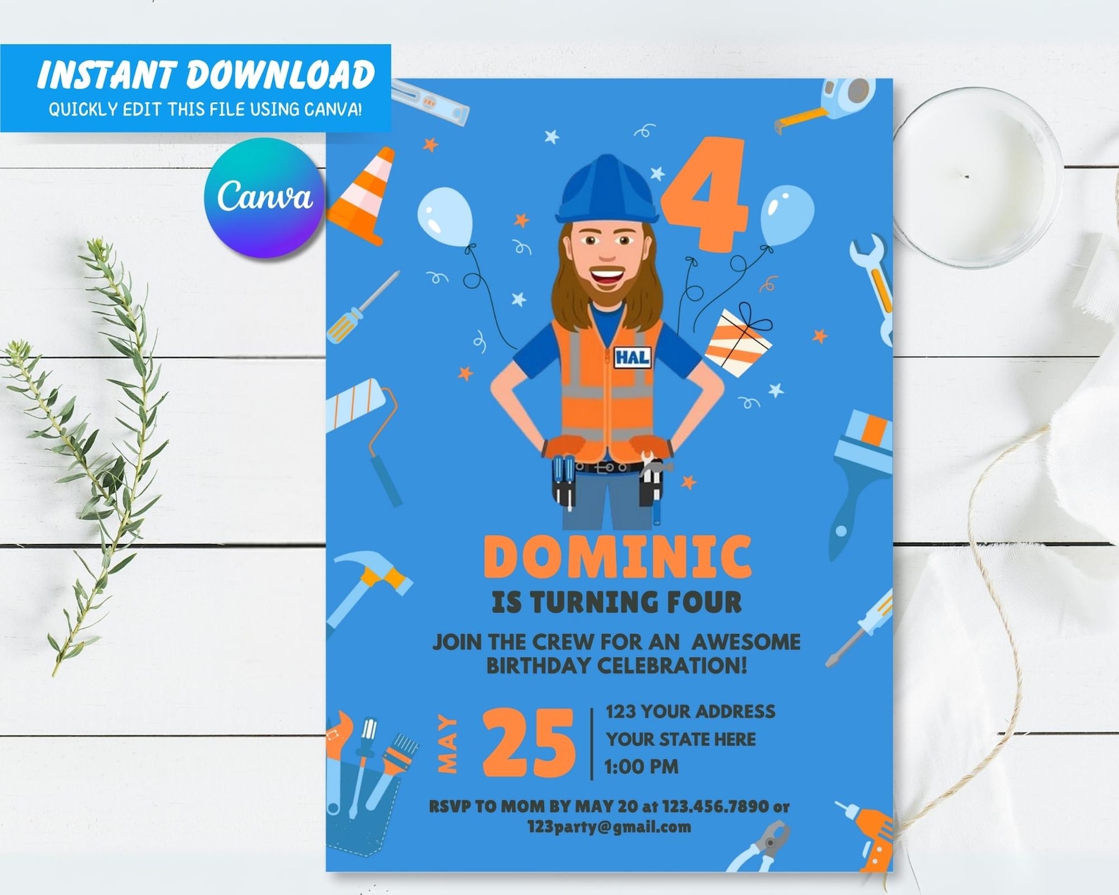 Handyman Hal Birthday Party Invitation, Tools Birthday Invite, Handyman ...