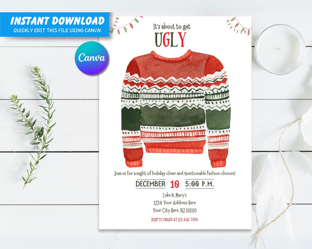 Ugly Christmas Sweater Party Invitation, Editable Canva Template - Etsy
