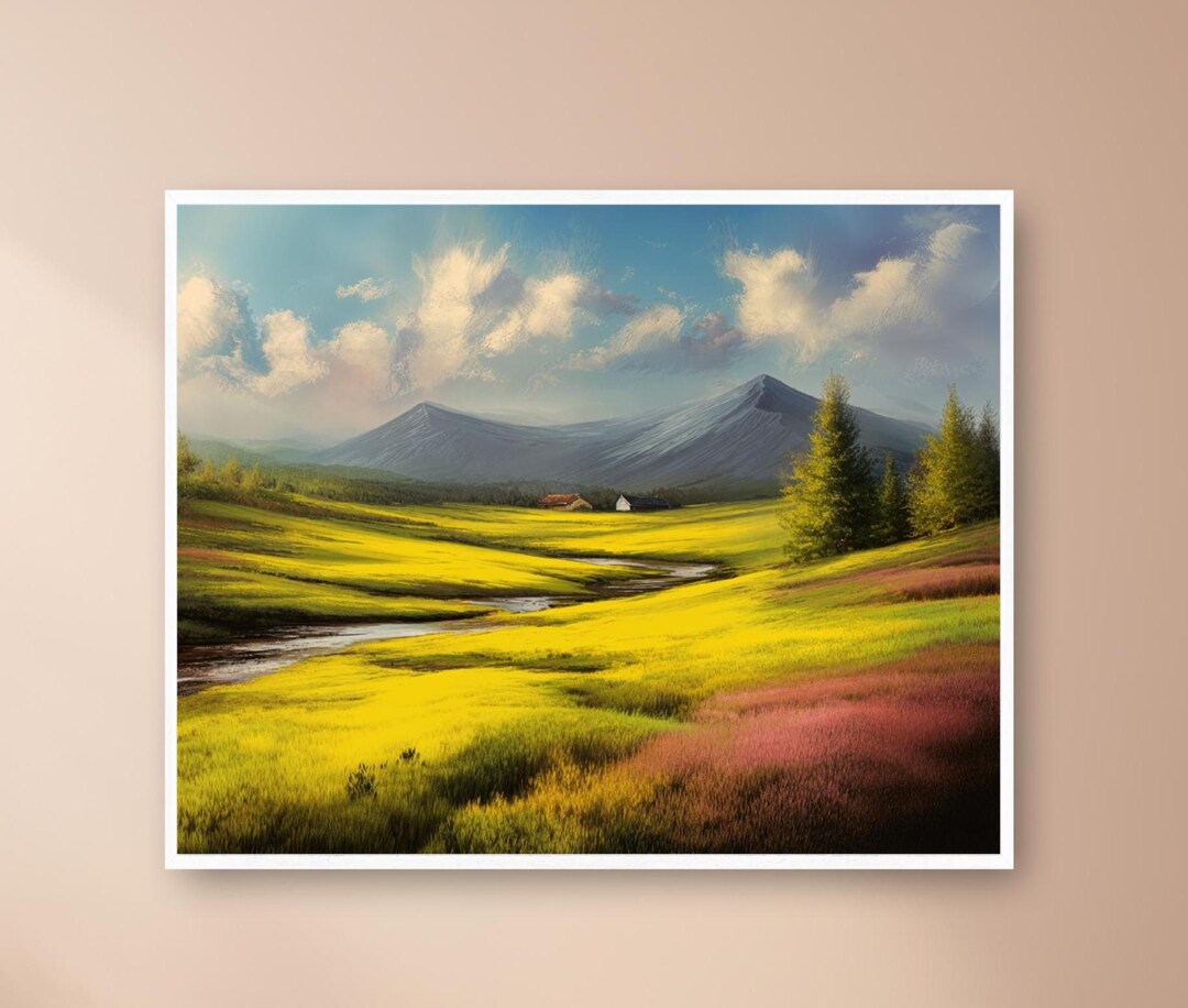 Sunlit Flower Vale - Mountain Valley Framed Canvas Art, Flower Field ...