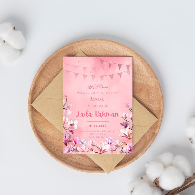 Simple Baby Girl Aqeeqah Invitation | Islamic Baby Shower Invite ...