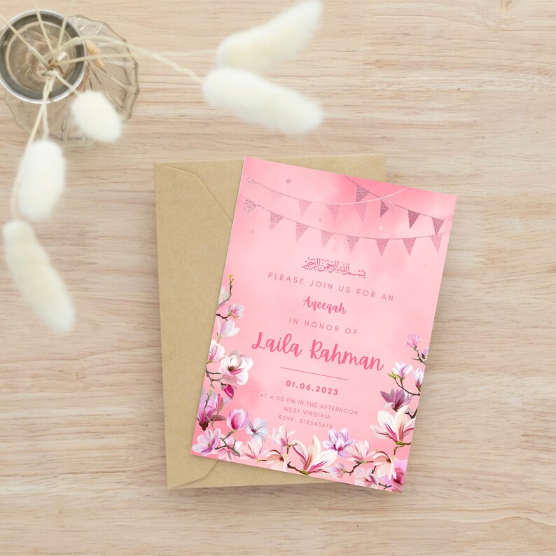 Simple Baby Girl Aqeeqah Invitation | Islamic Baby Shower Invite ...