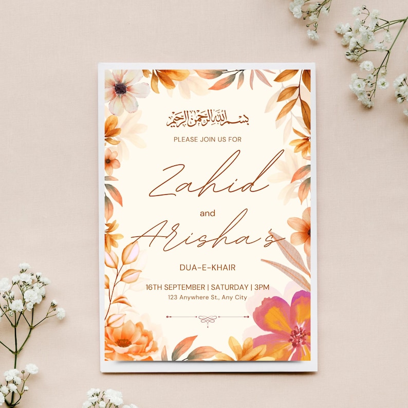 Autumn Floral Dua-e-khair Invitation: Editable Muslim Wedding Invite ...