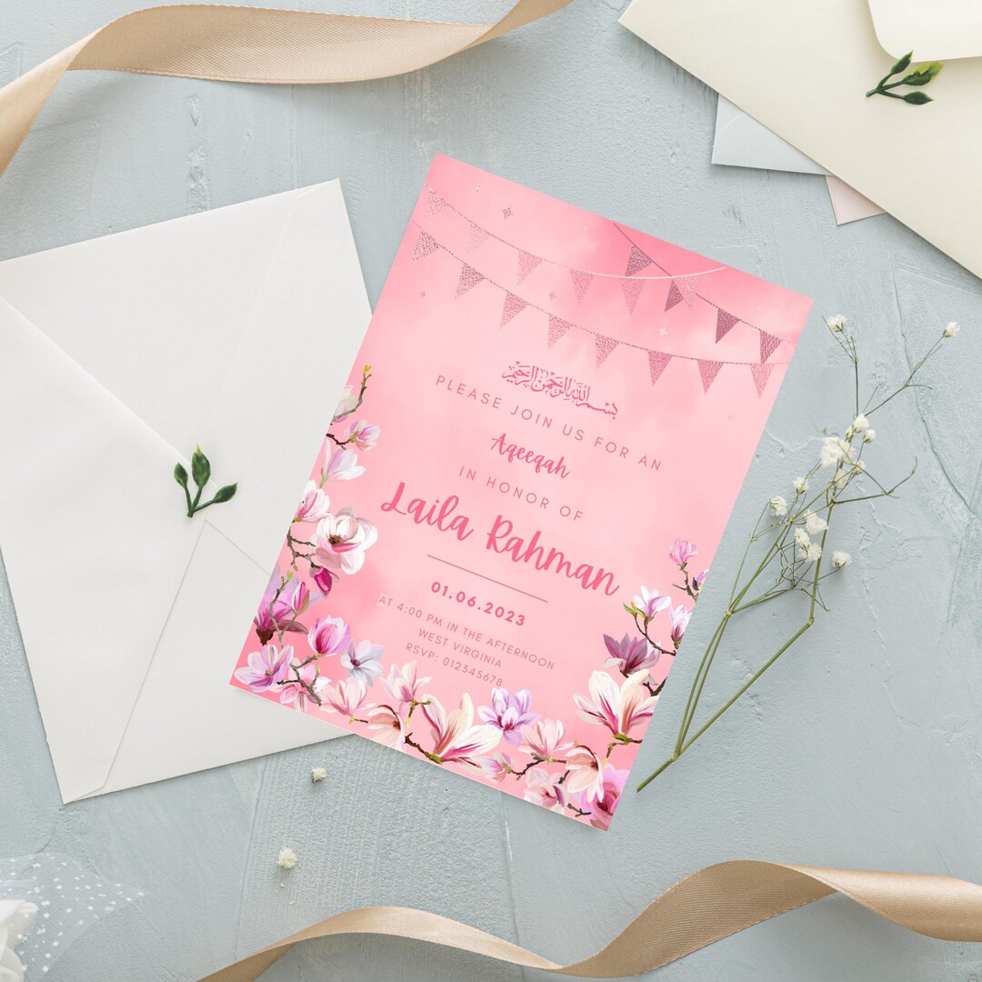 Simple Baby Girl Aqeeqah Invitation | Islamic Baby Shower Invite ...