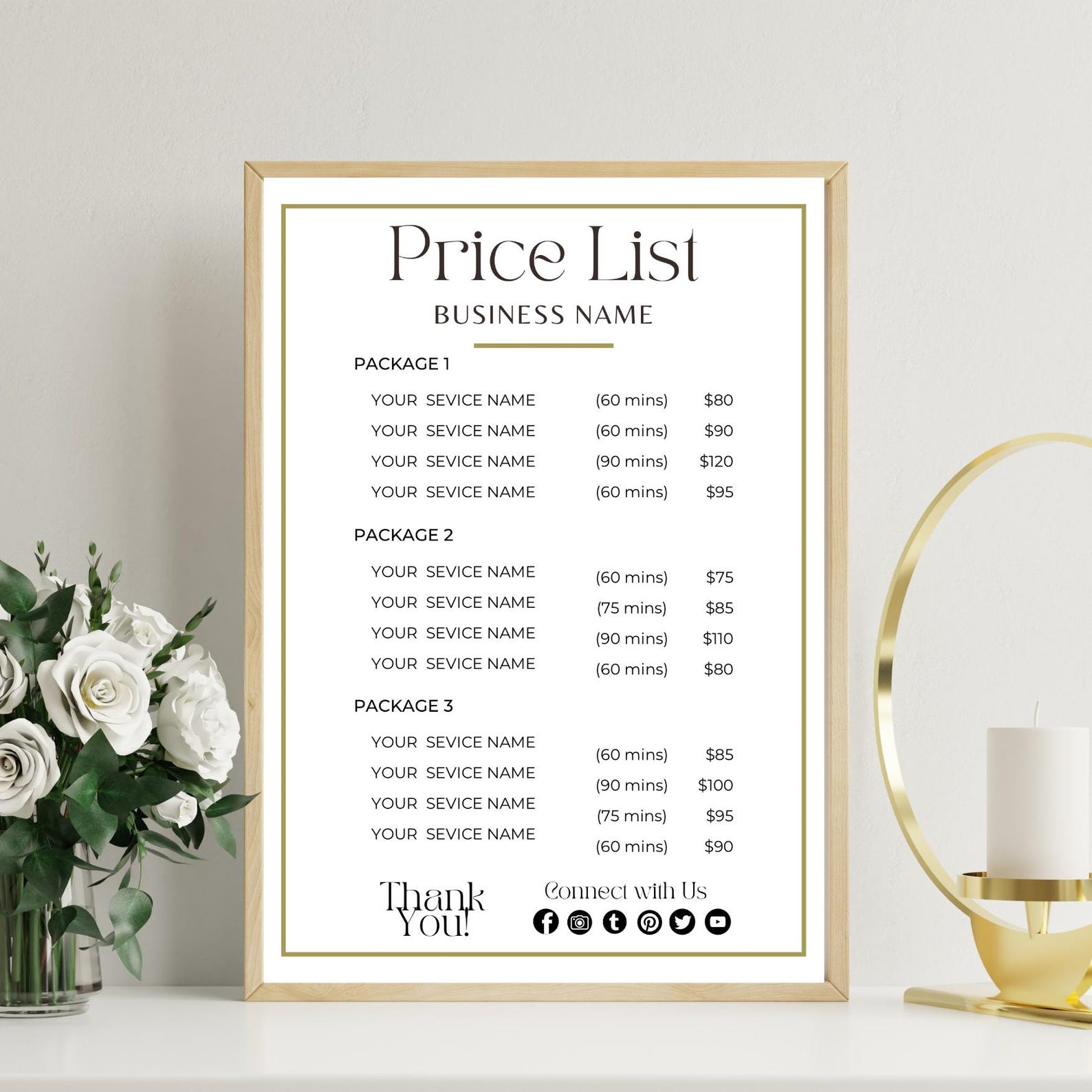 Small Business Price List Canva Template With Social Media Icons | 3 ...
