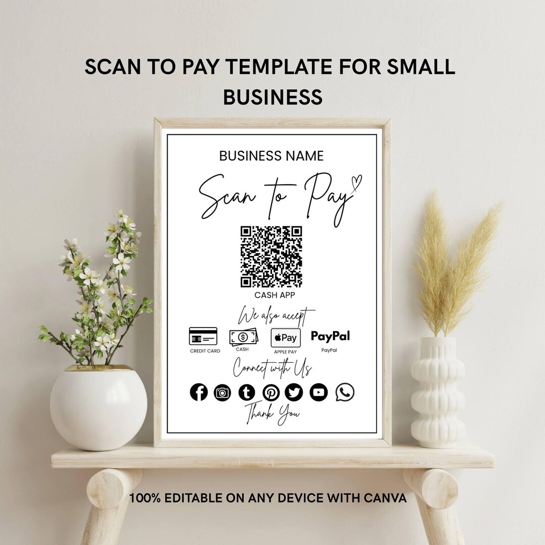 Letrero de pago con código QR digital editable con iconos de redes ...