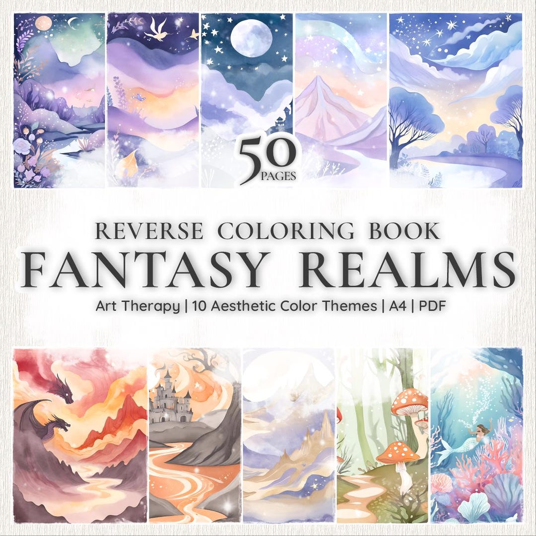 Fantasy Realms Reverse Coloring Book: 50 Watercolor Pages (PDF Download ...