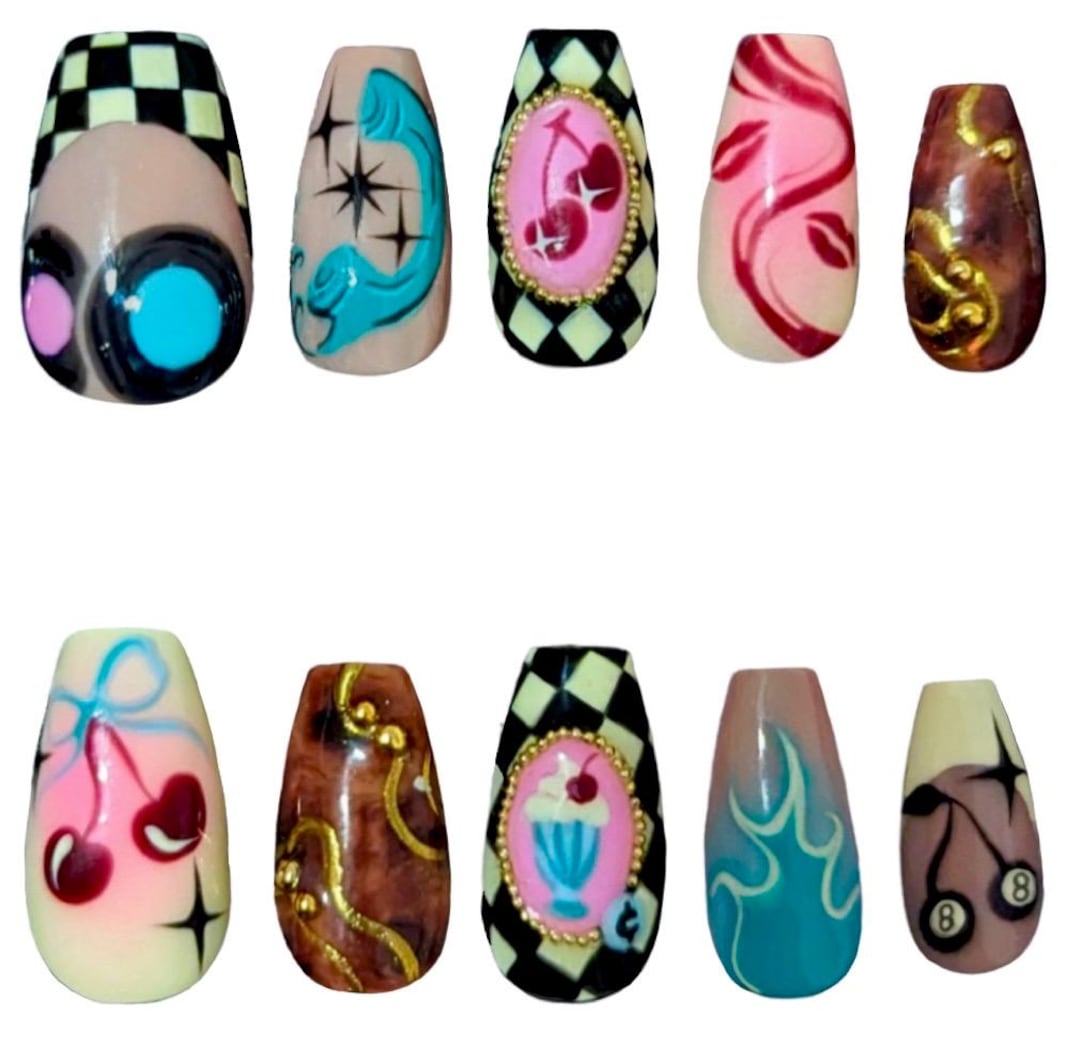 Emily’s Set | Retro 50s Diner Press on Nails | Hand Painted ...
