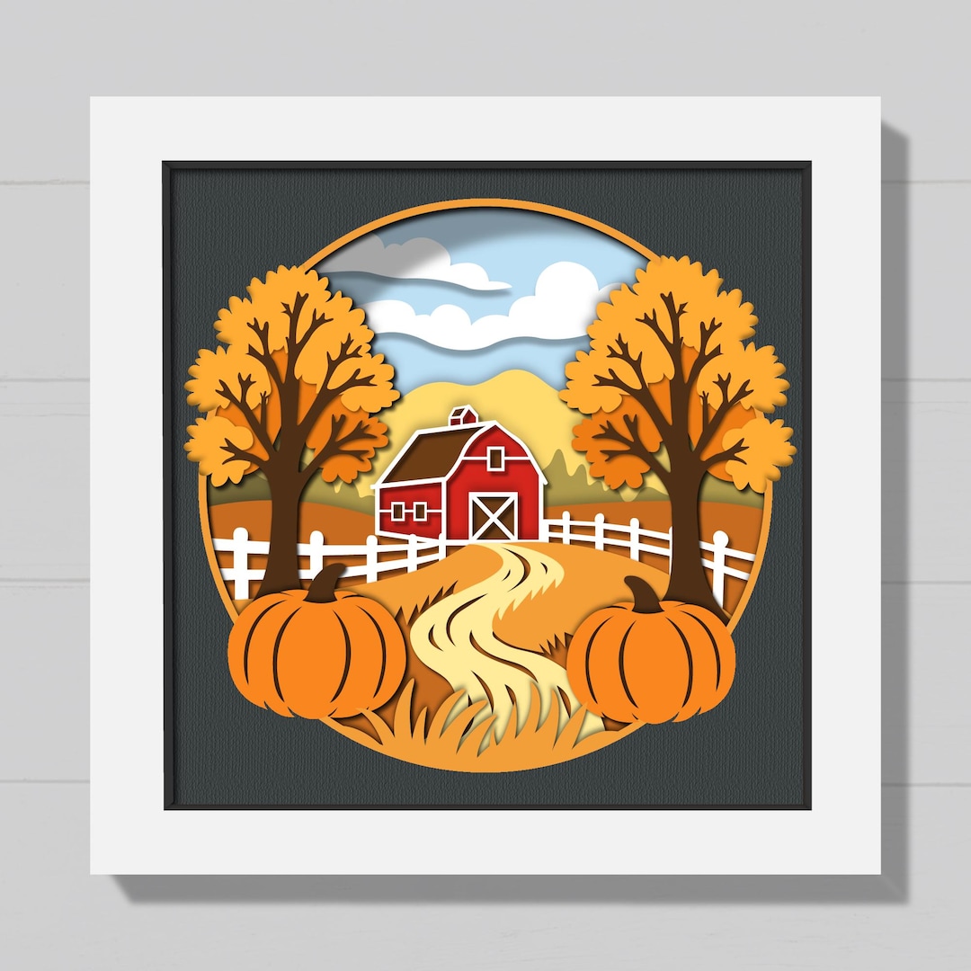 3D Fall Barn Shadow Box SVG, Autumn Farm Landscape SVG, Layered Paper ...