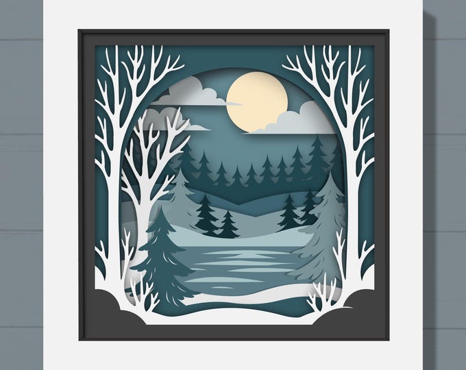 3D Winter Landscape Shadow Box SVG Template: DIY Layered Papercut ...