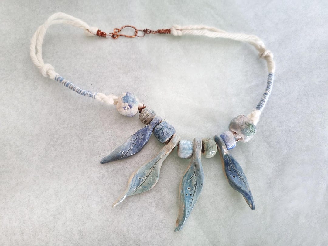 Handmade Blue Ceramic Leaf Necklace: Israeli Boho Jewelry Hand Painted ...