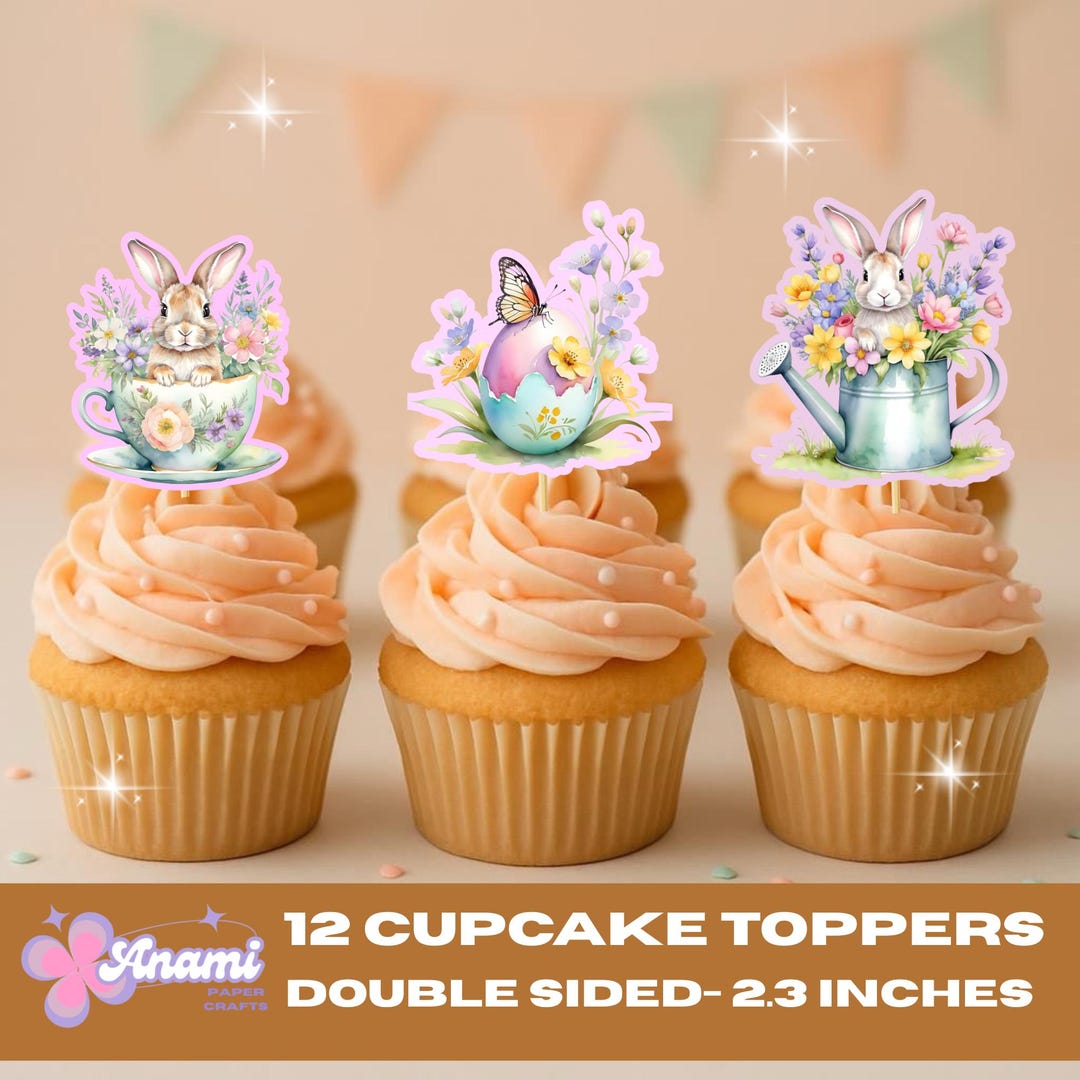 Easter Cupcake Toppers, Bunny and Floral Egg Design, Easter Decorations ...