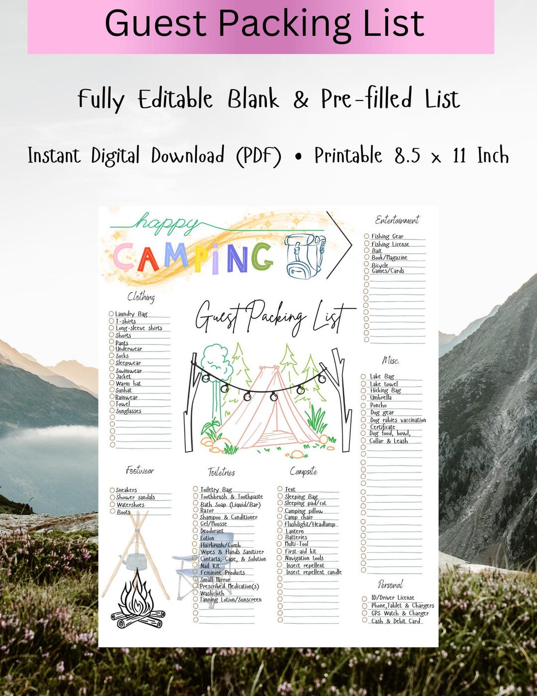 Editable & Printable Guest Camping Packing List | Camping Packing List ...
